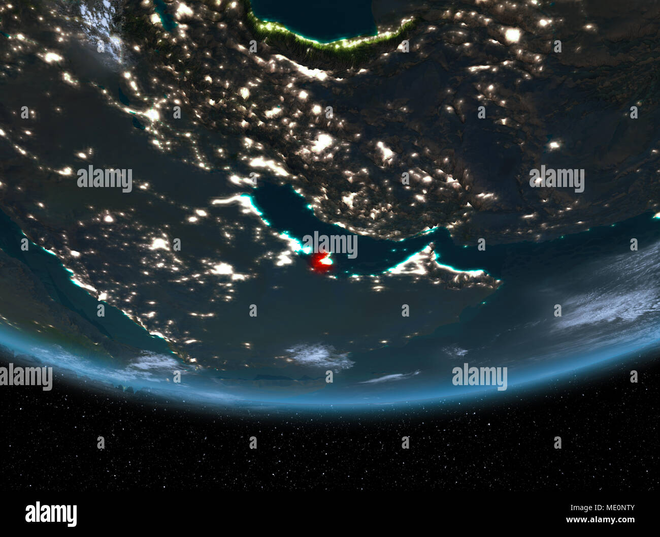 Qatar at night highlighted in red on planet Earth with clouds. 3D ...