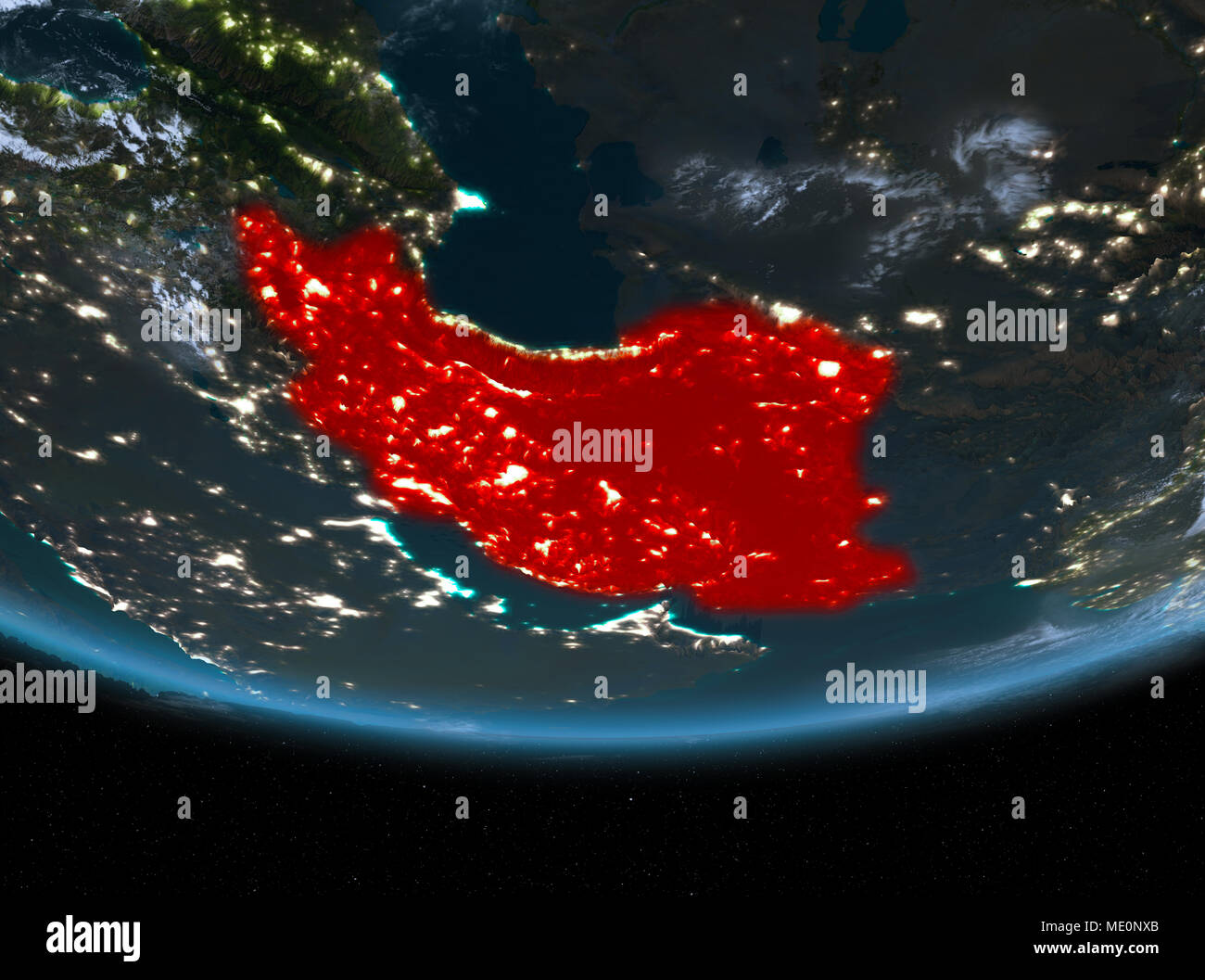 Iran at night highlighted in red on planet Earth with clouds. 3D ...