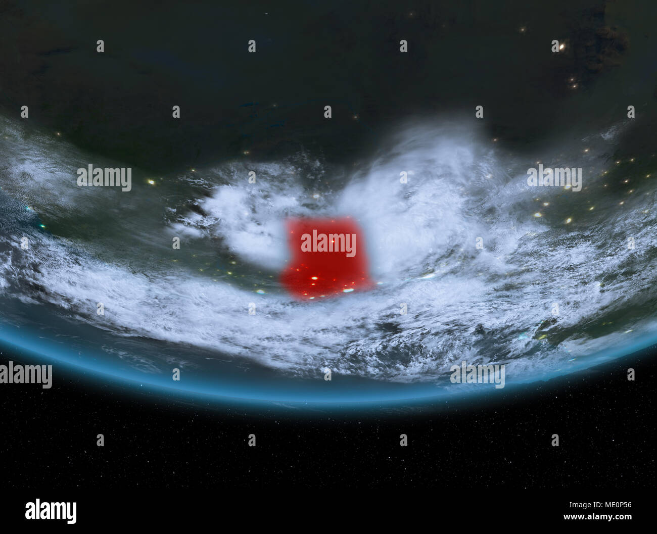 Ghana at night highlighted in red on planet Earth with clouds. 3D ...