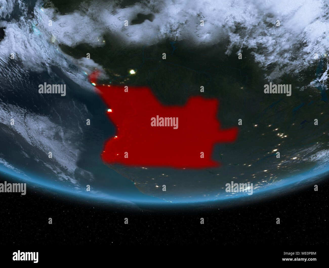 Angola at night highlighted in red on planet Earth with clouds. 3D illustration. Elements of ...
