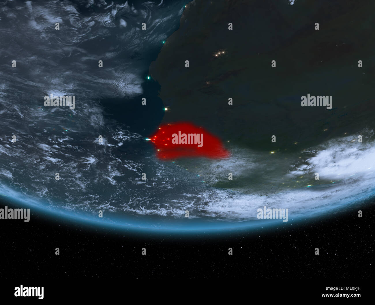 Senegal at night highlighted in red on planet Earth with clouds. 3D ...