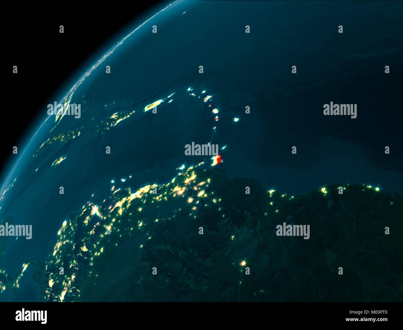 Night map of Caribbean as seen from space on planet Earth. 3D ...