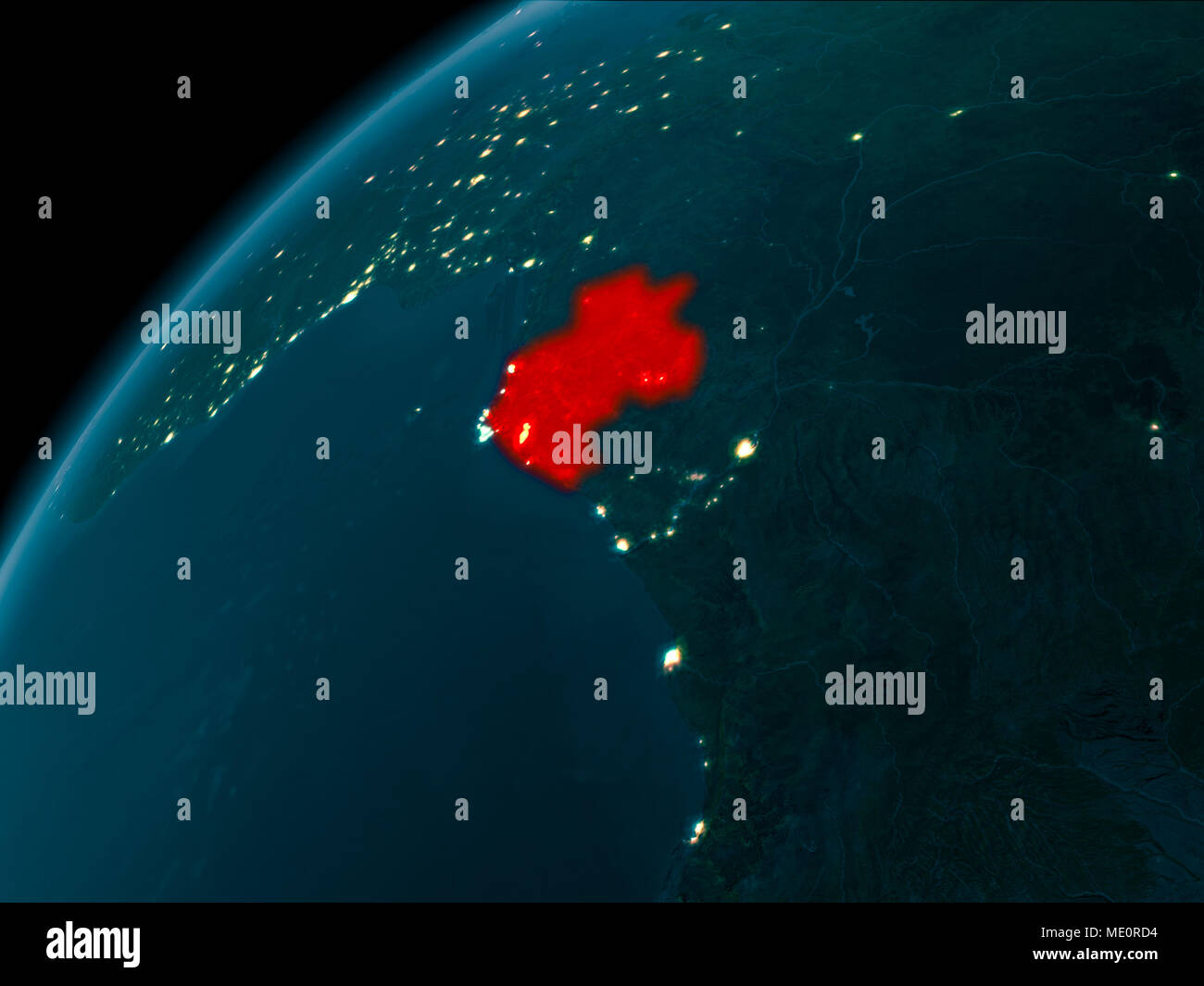 Night map of Gabon as seen from space on planet Earth. 3D illustration ...