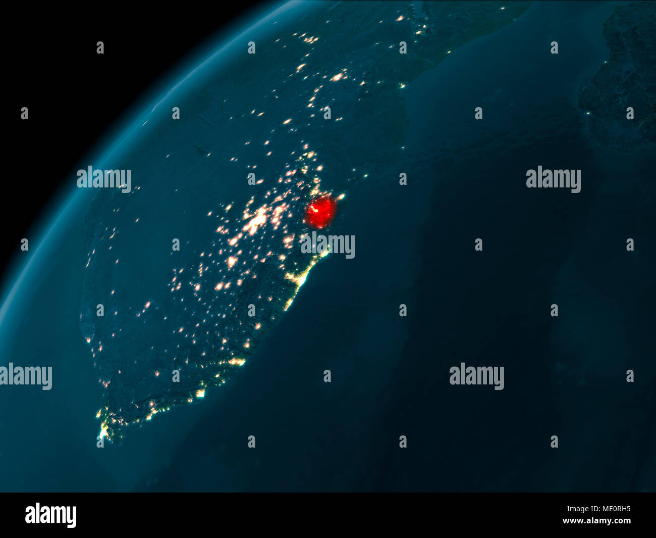 Night map of Swaziland as seen from space on planet Earth. 3D ...