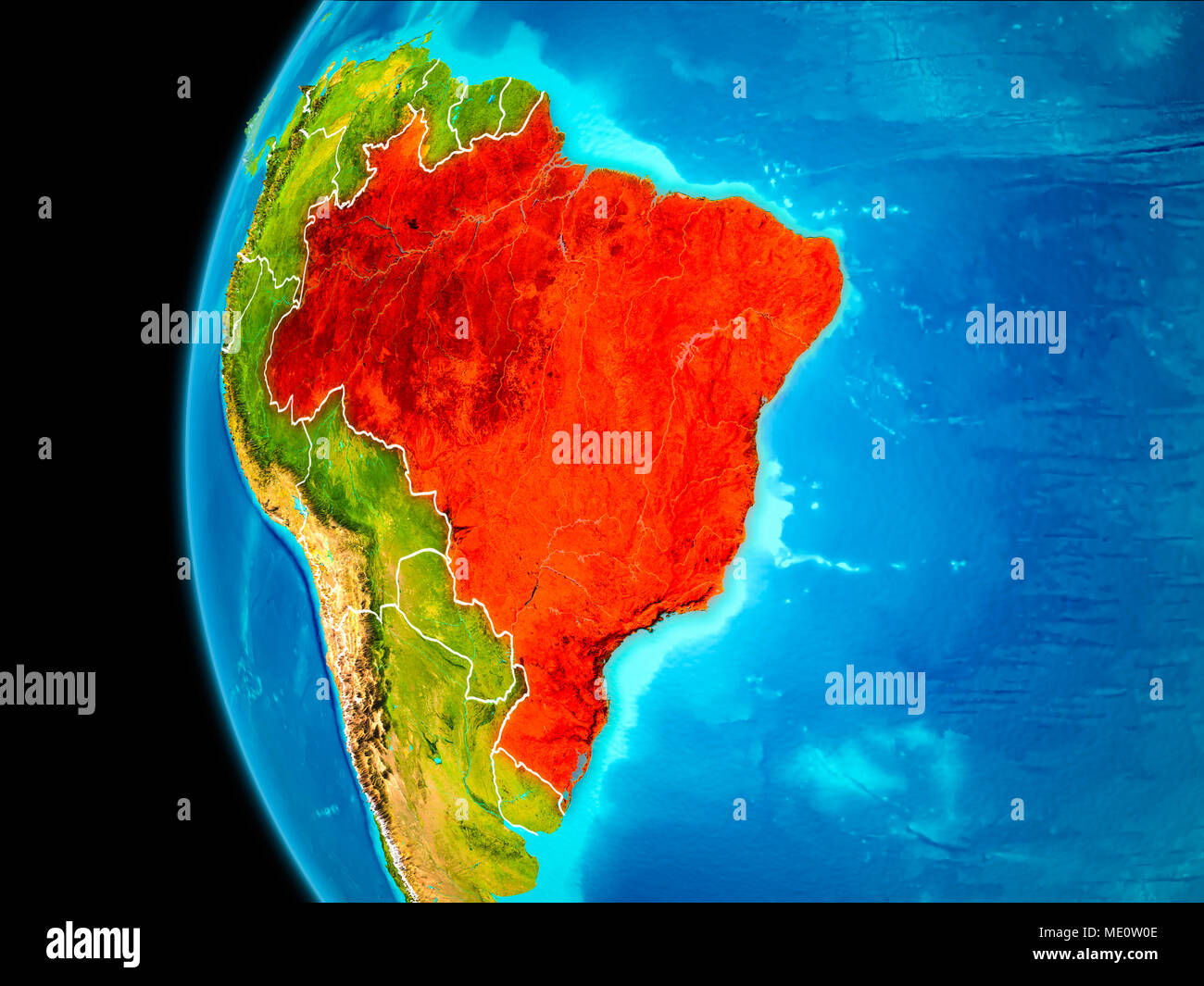 Brazil as seen from Earth’s orbit on planet Earth highlighted in red ...