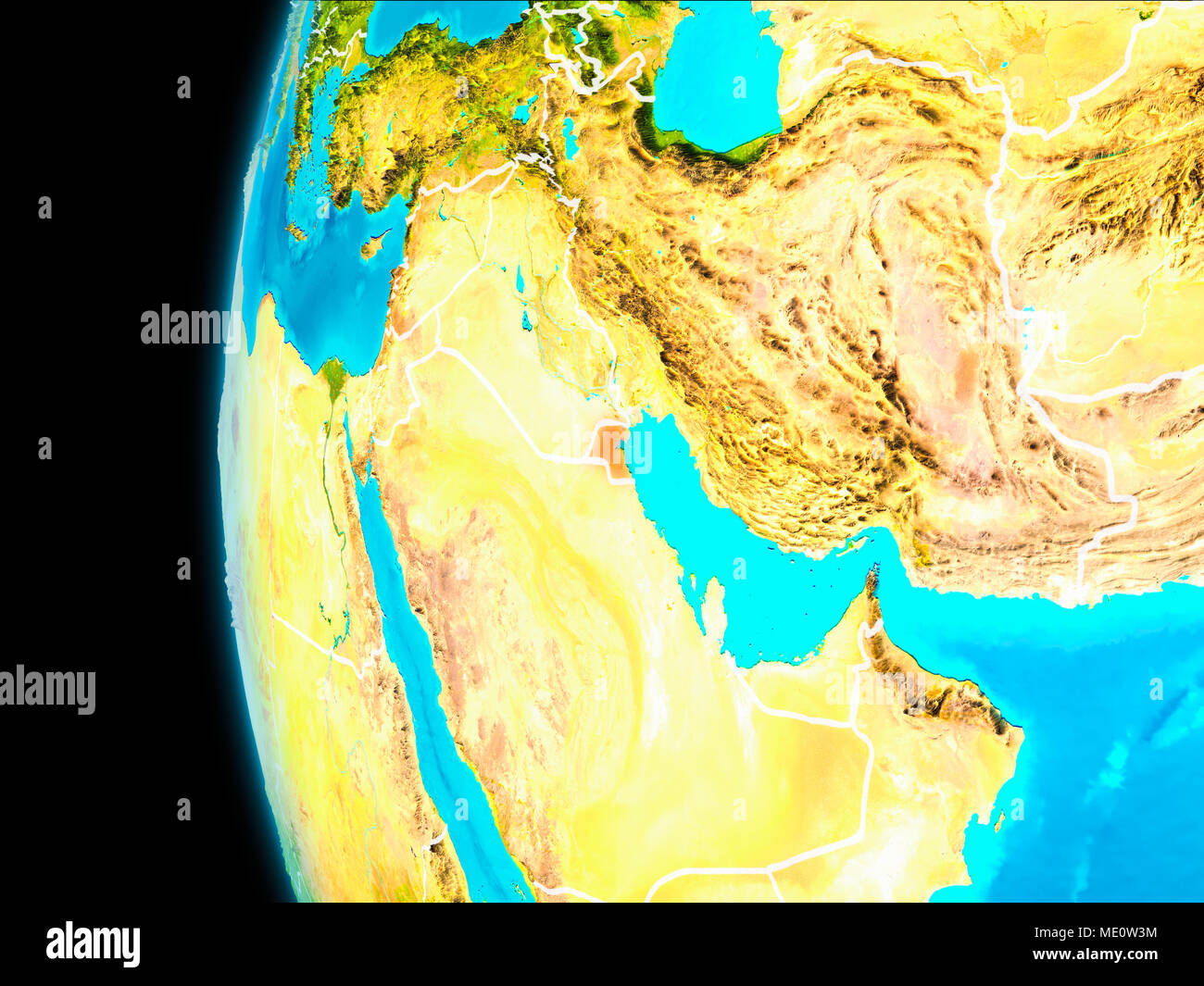 Kuwait as seen from Earth’s orbit on planet Earth highlighted in red with visible borders. 3D ...