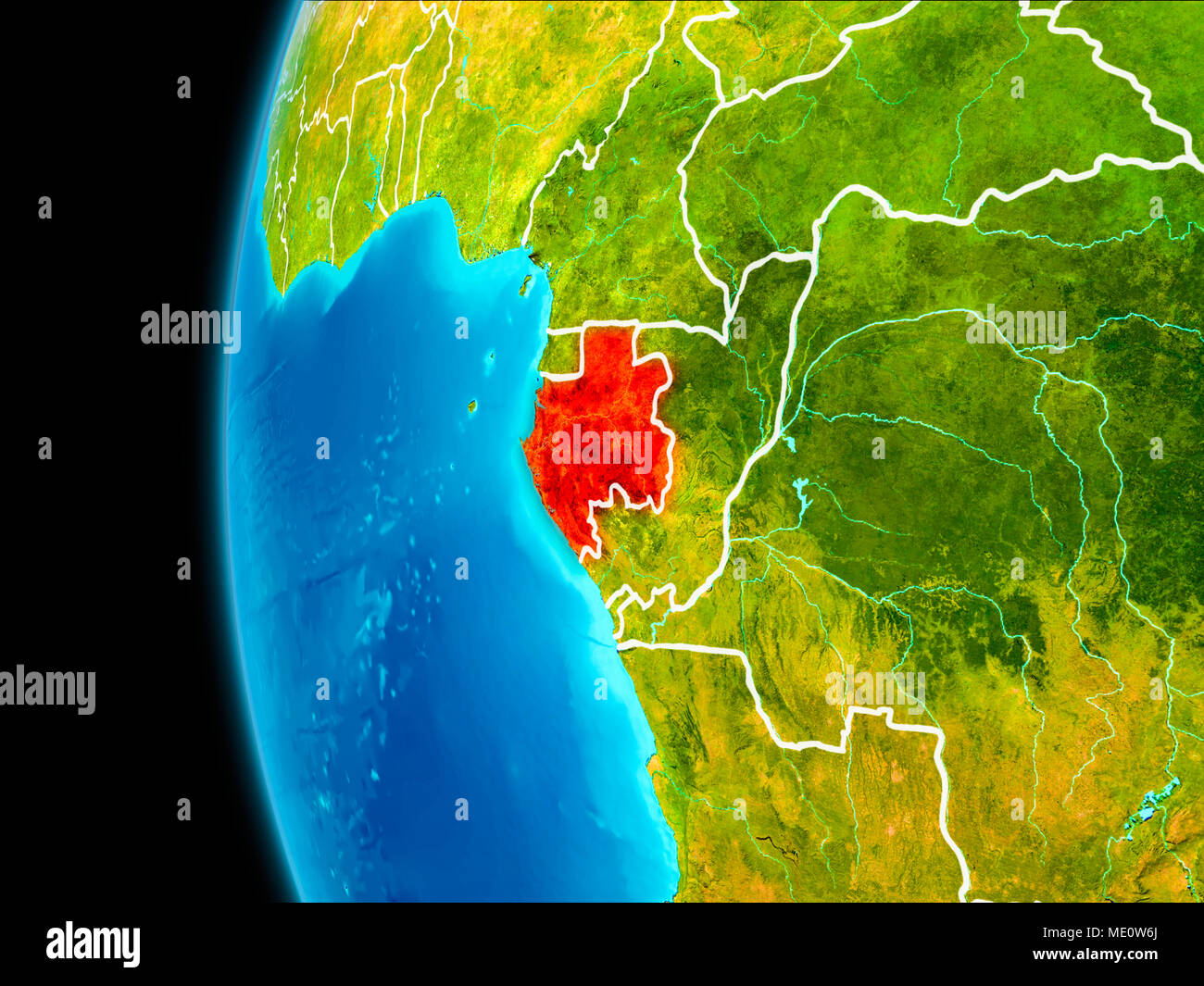 Gabon as seen from Earth’s orbit on planet Earth highlighted in red ...