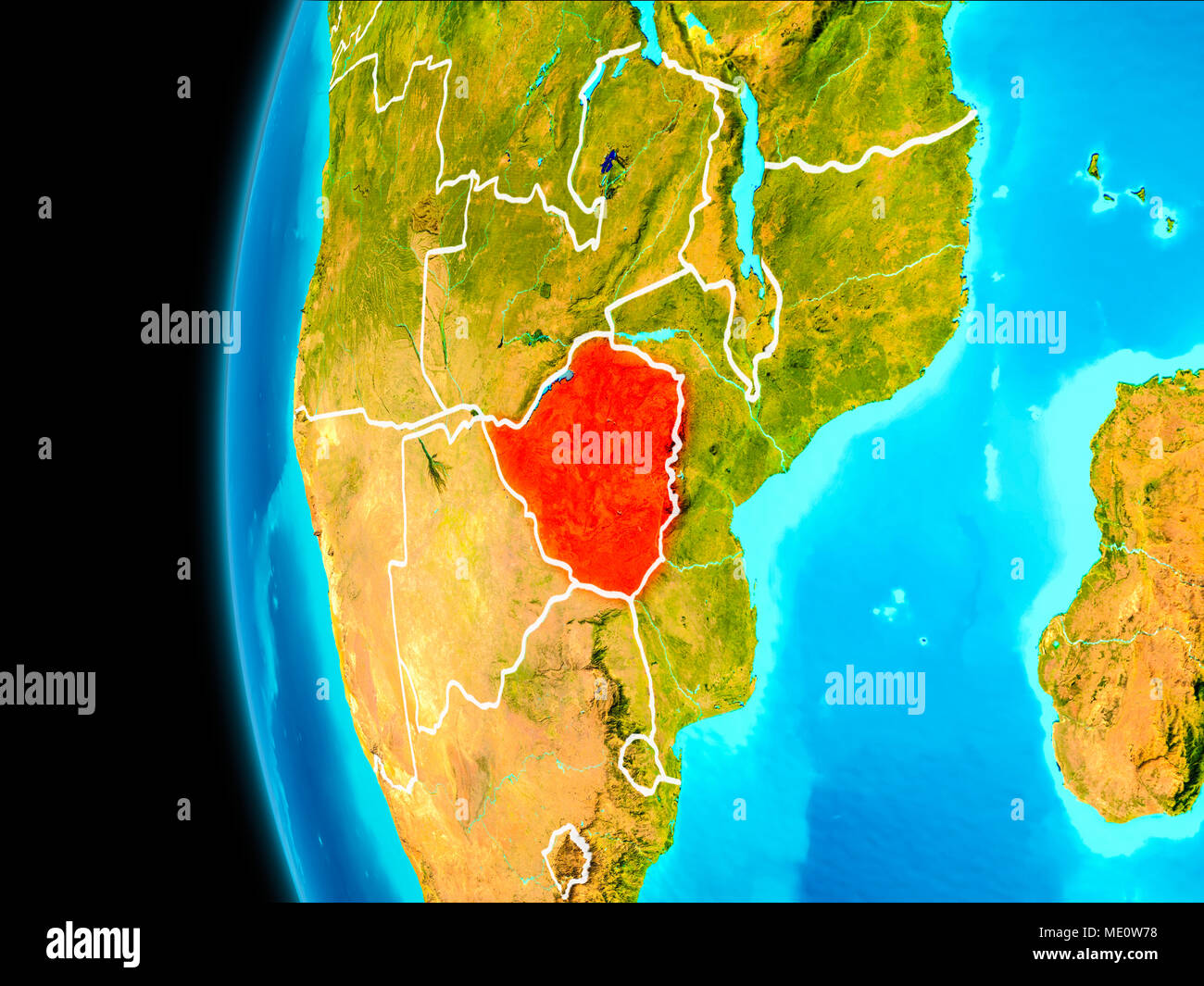 Zimbabwe as seen from Earth’s orbit on planet Earth highlighted in red with visible borders. 3D ...