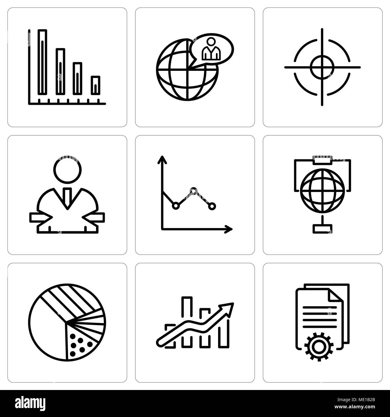Set Of 9 simple editable icons such as Page setting, Bars chart, Pie graphic with four areas ...