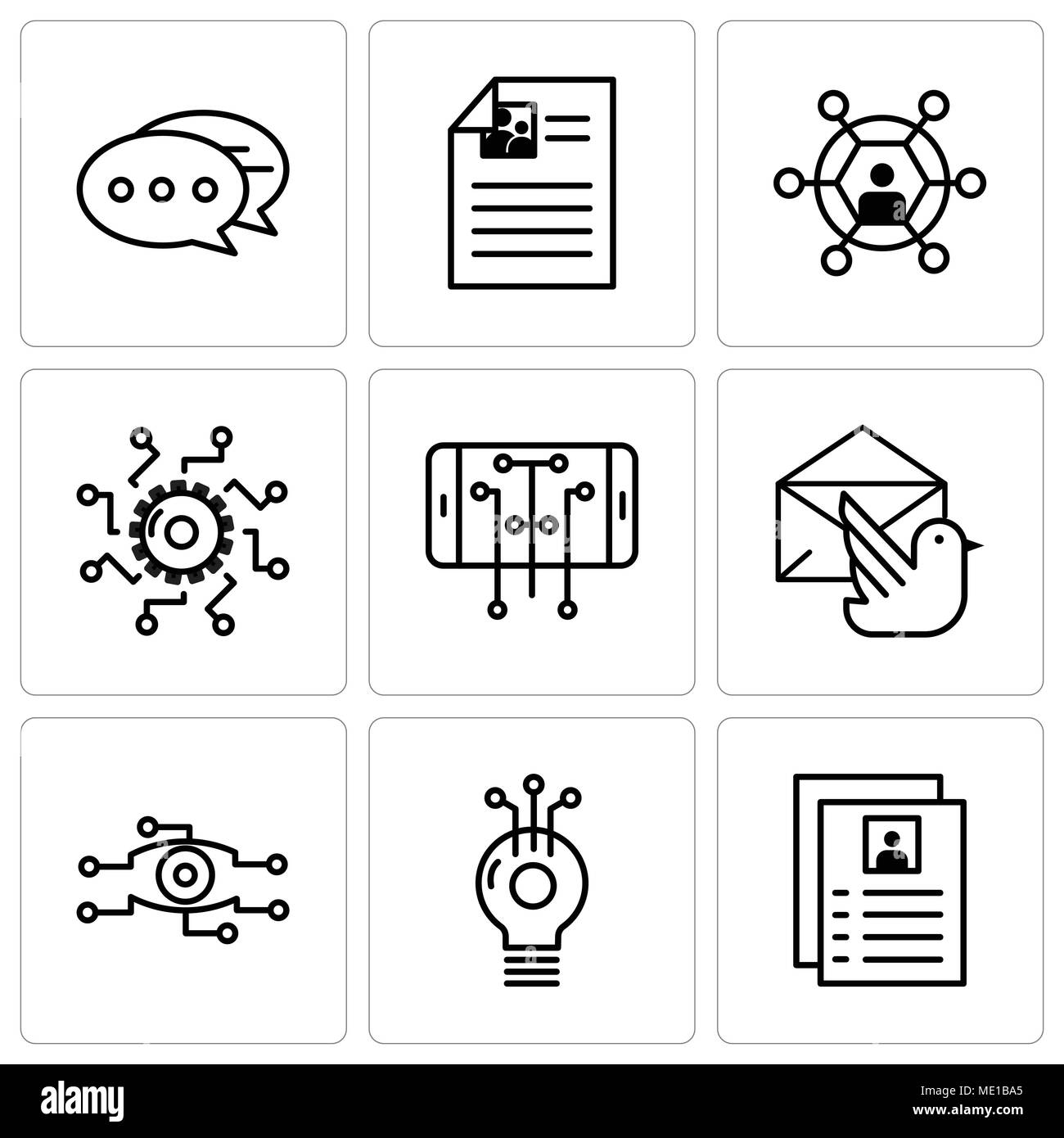 Set Of 9 simple editable icons such as Flyer, Idea, Analysis, Mail bird, Smartphone, Settings ...