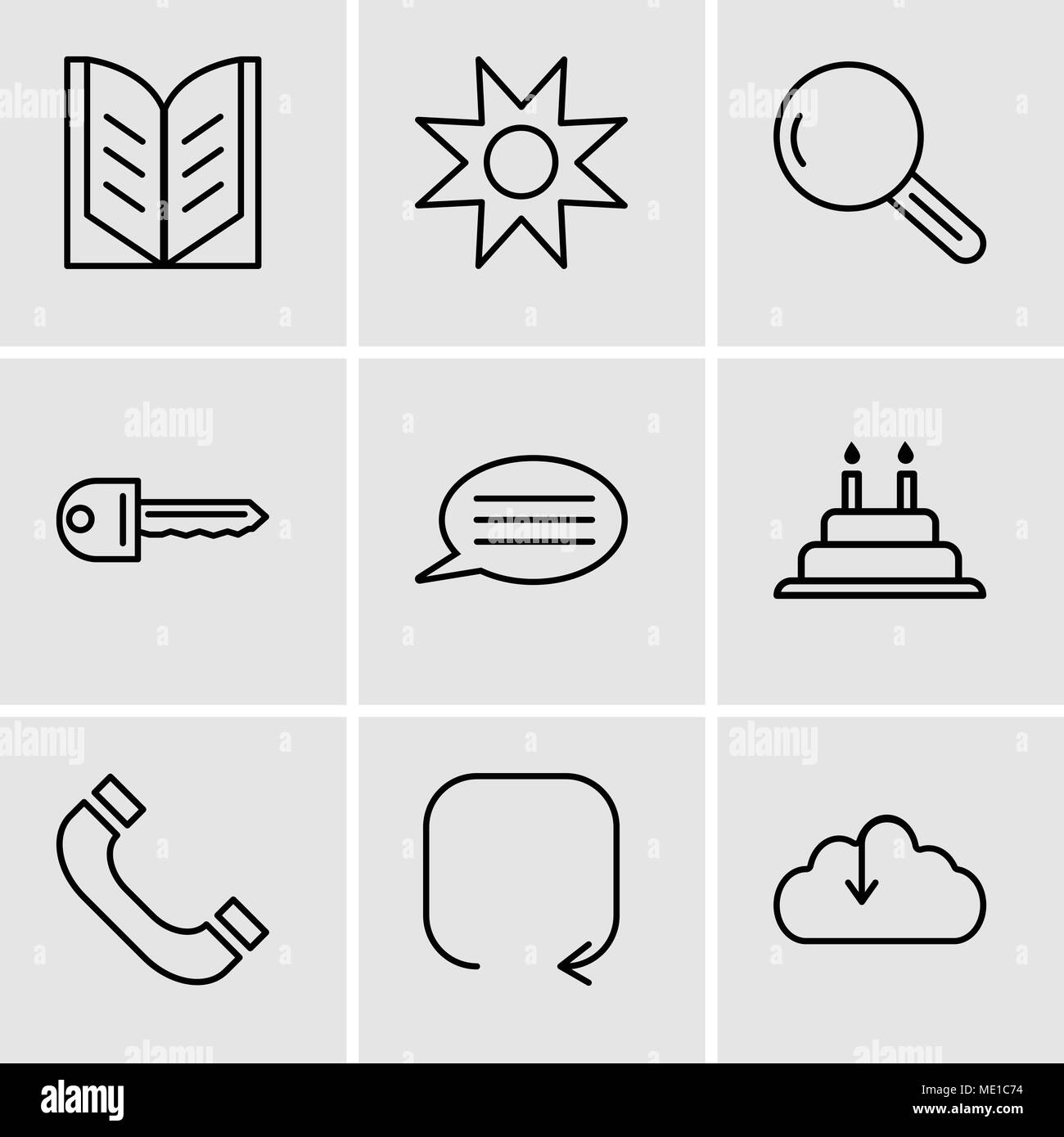 Set Of 9 simple editable icons such as Download from the cloud, Update arrow, Headphones, Cake ...
