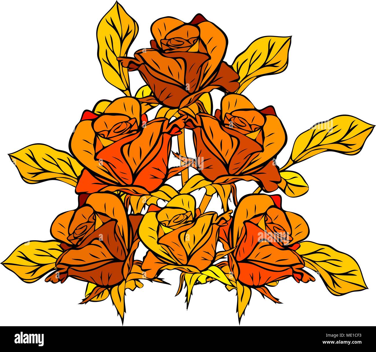 hand-drawn bouquet of yellow roses with yellow leaves isolated on white ...