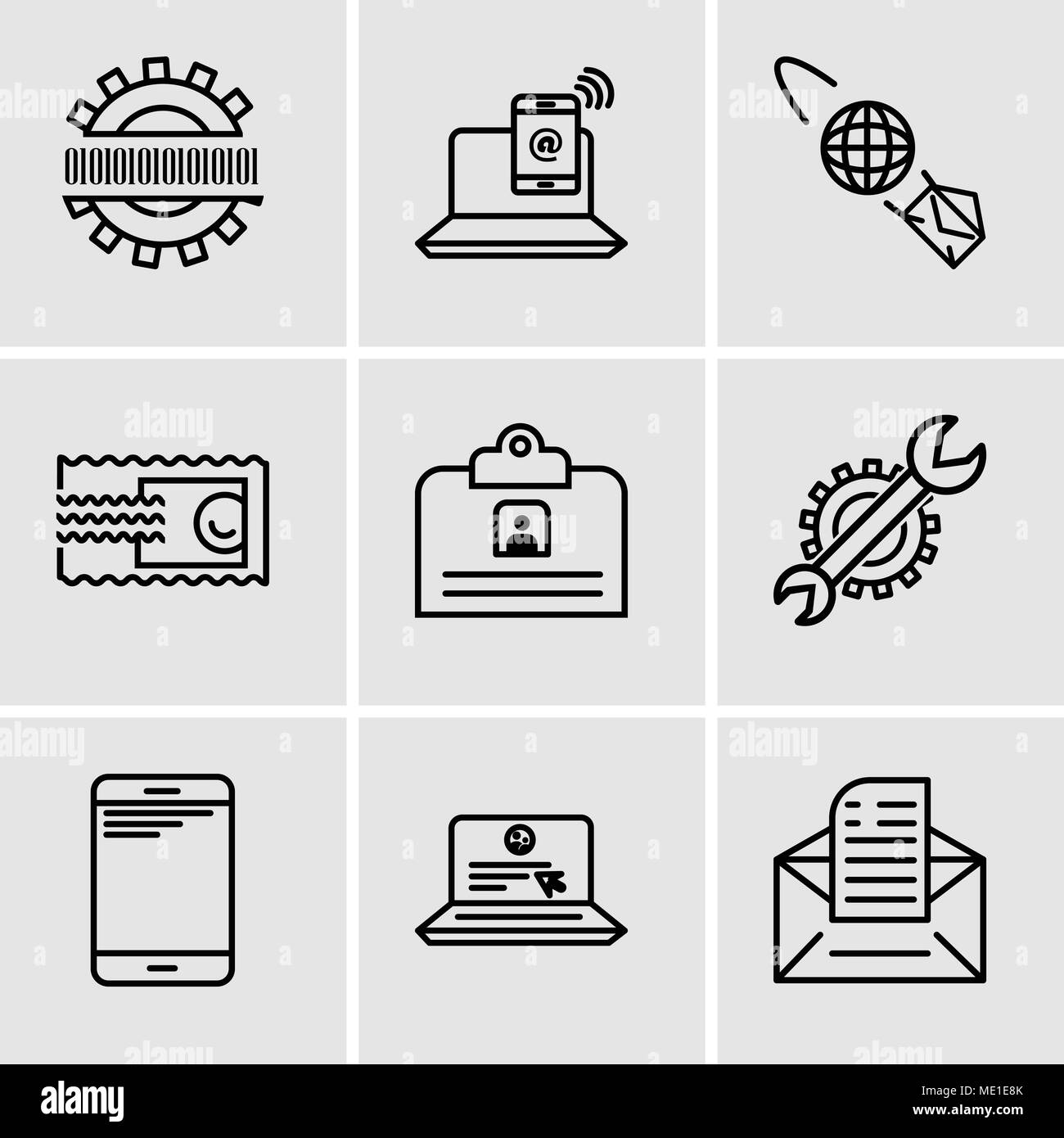 Set Of 9 simple editable icons such as Email, Laptop and mail, Smartphone, Settings, Contact ID ...