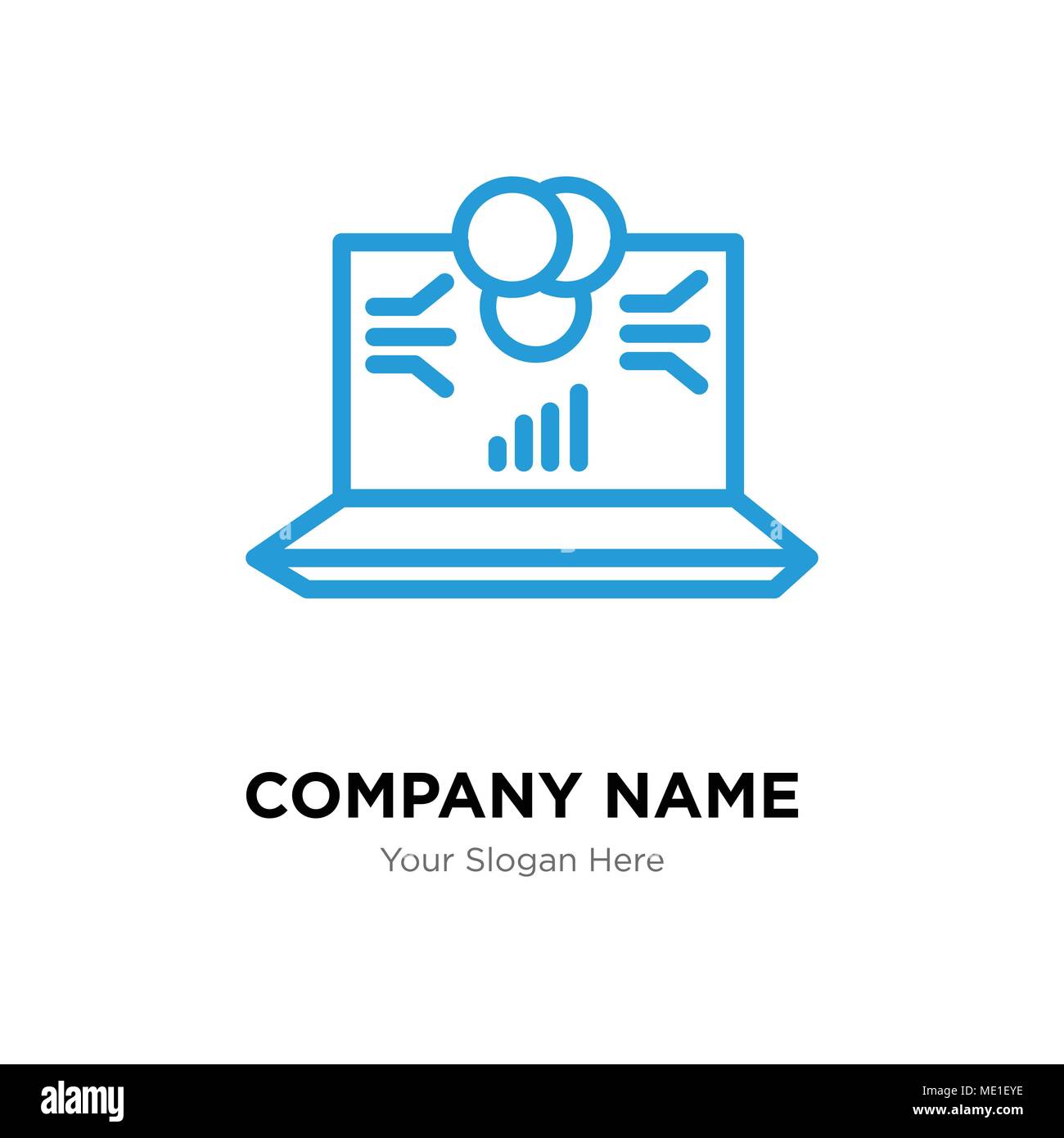 Laptop data analytics on screen with circles company logo design template, Business corporate ...