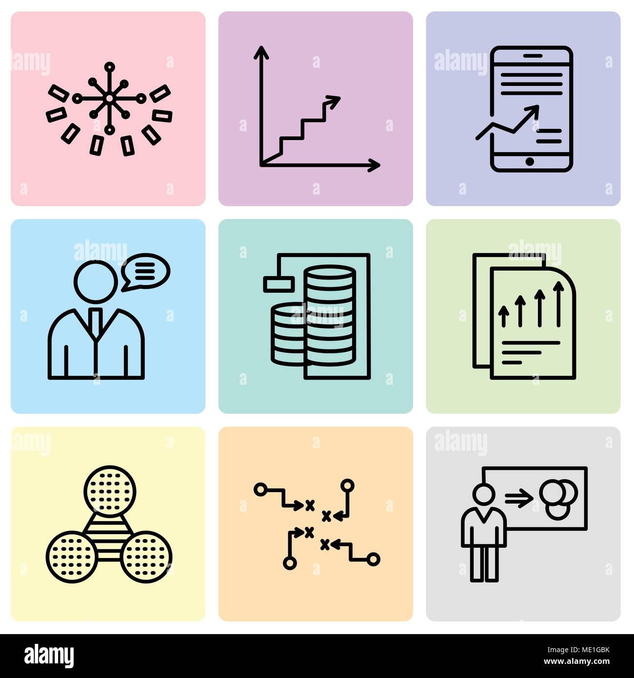 Set Of 9 simple editable icons such as Person explaining data, Strategy ...