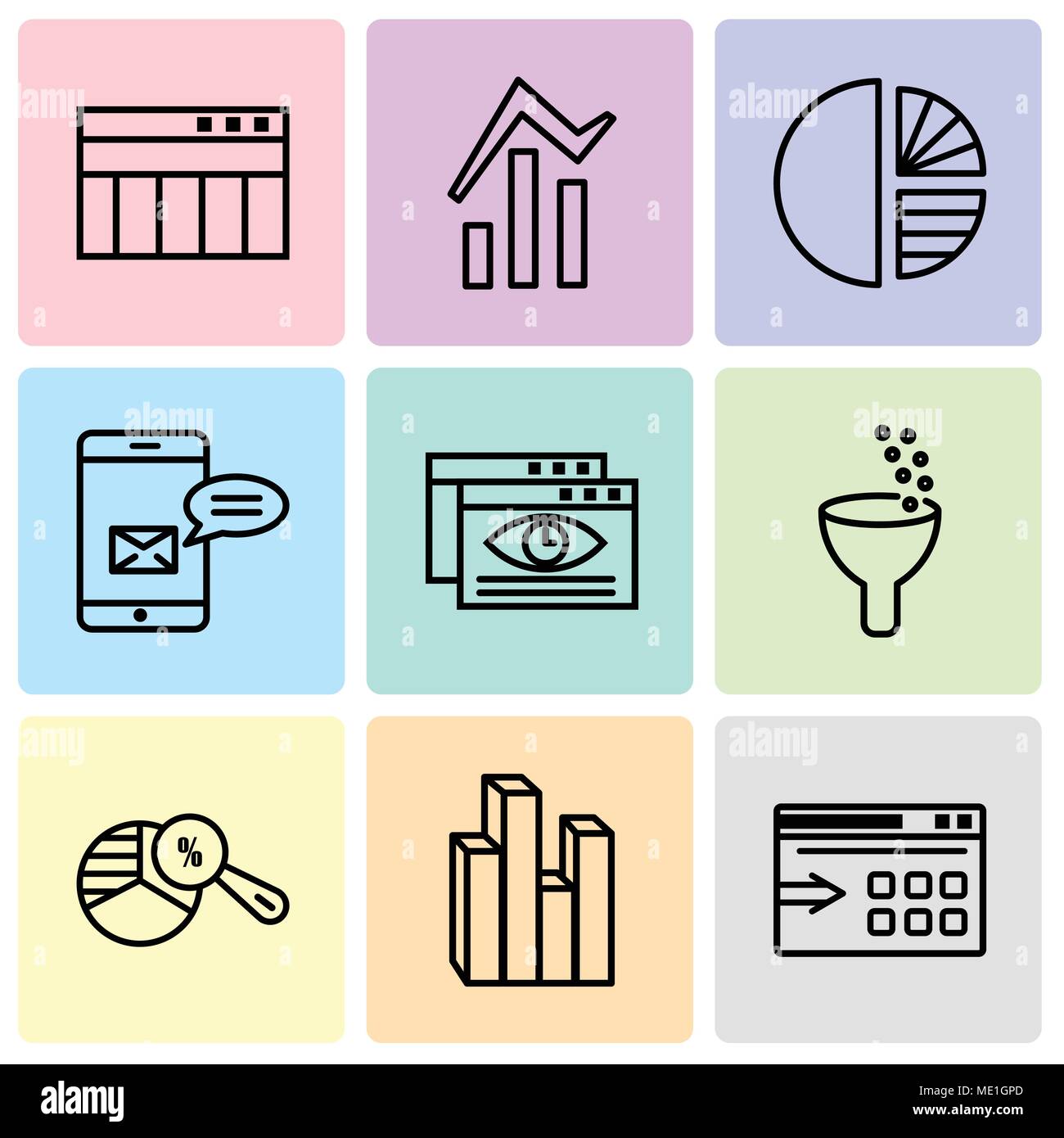 Set Of 9 simple editable icons such as Data export with an arrow, Stream graphic, Pie chart ...