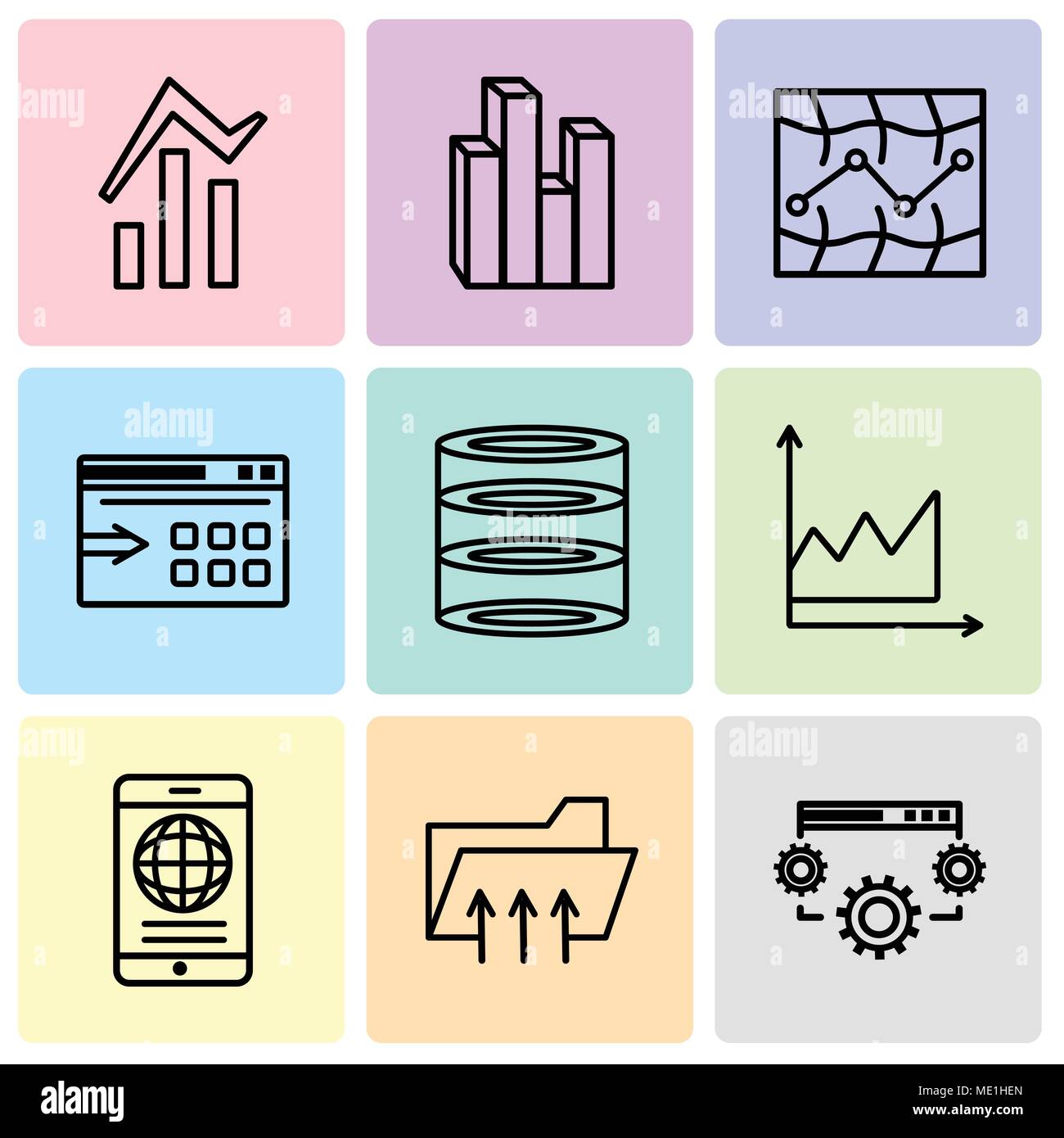 Set Of 9 simple editable icons such as Data settings, Connected folder ...