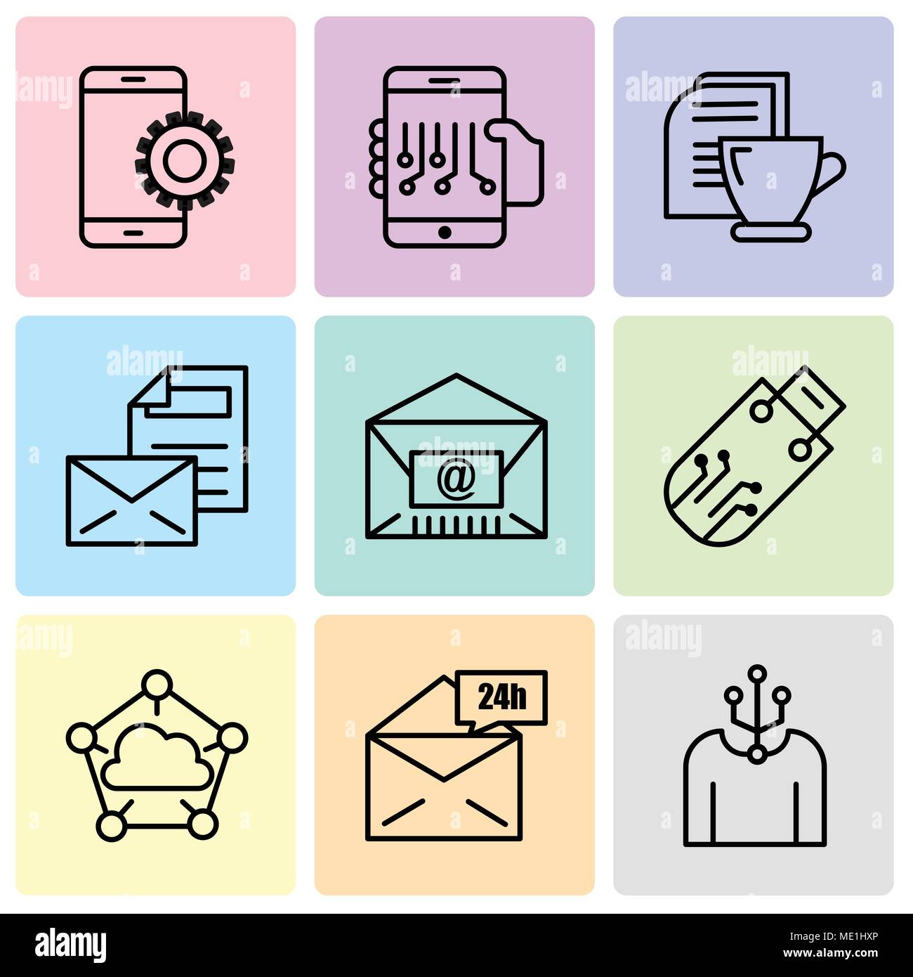 Set Of 9 simple editable icons such as Human, Mail 24 hours, Cloud ...
