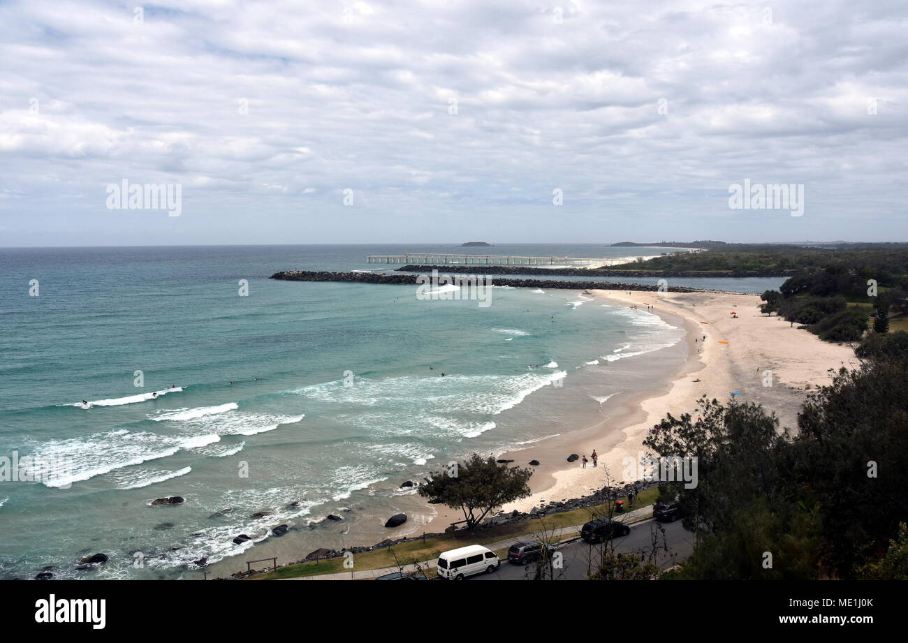 Duranbah beach and breakwall at the entrance of Tweed River on a cloudy ...