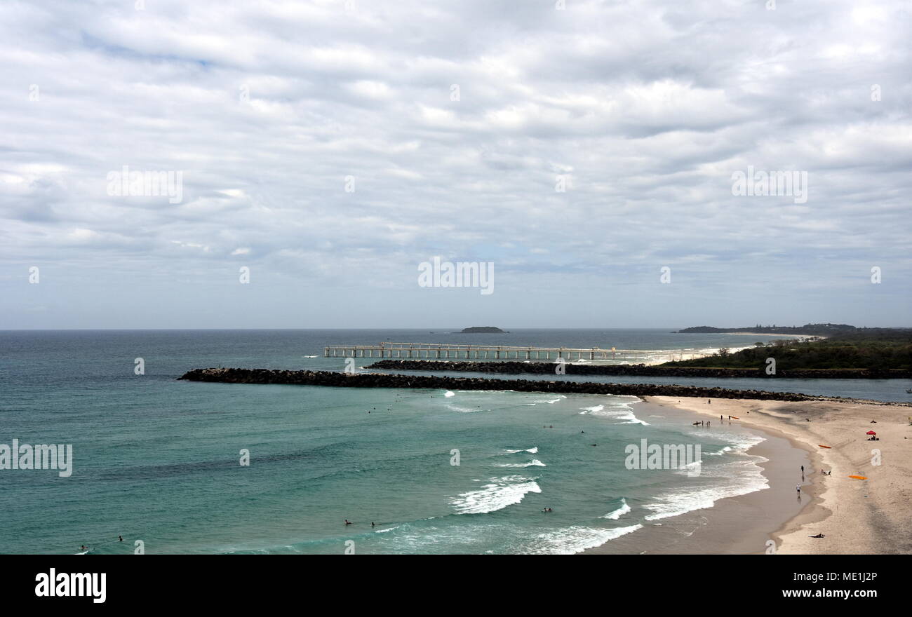 Duranbah beach and breakwall at the entrance of Tweed River on a cloudy ...