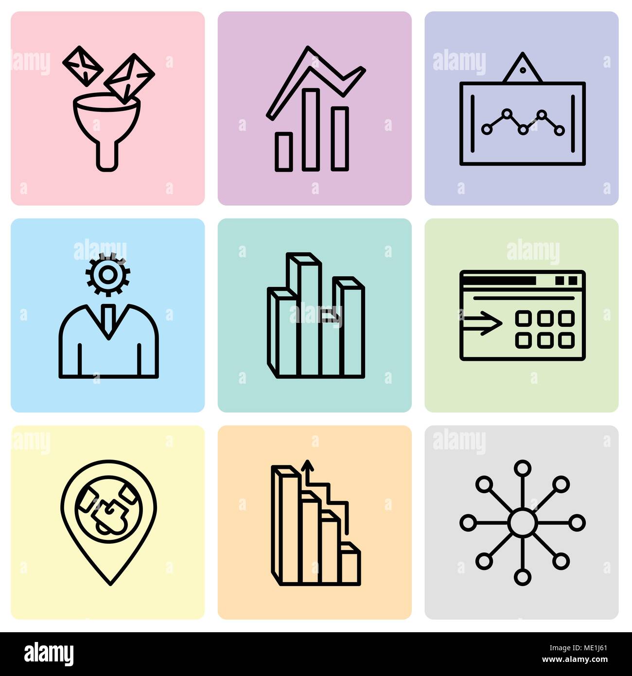 Set Of 9 simple editable icons such as Balancing data, Targeting, 3d pie chart graphic, Data ...
