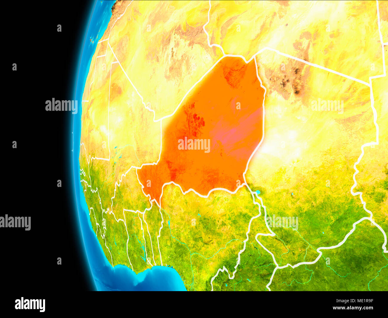 Niger as seen from Earth’s orbit on planet Earth highlighted in red ...