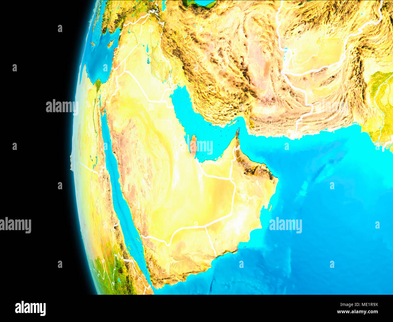 Qatar as seen from Earth’s orbit on planet Earth highlighted in red ...