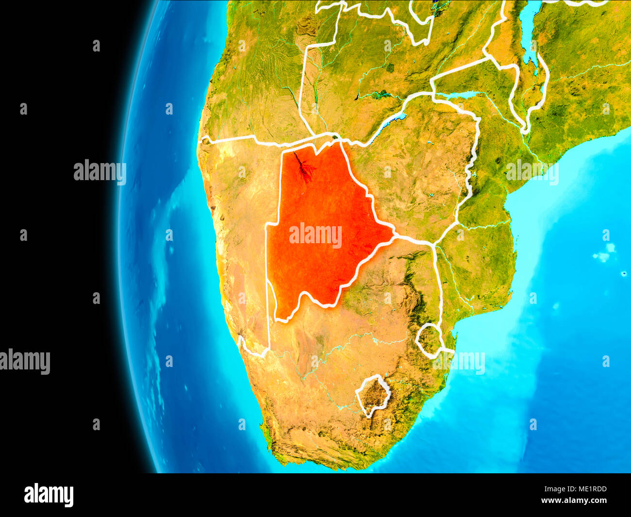 Botswana as seen from Earth’s orbit on planet Earth highlighted in red ...