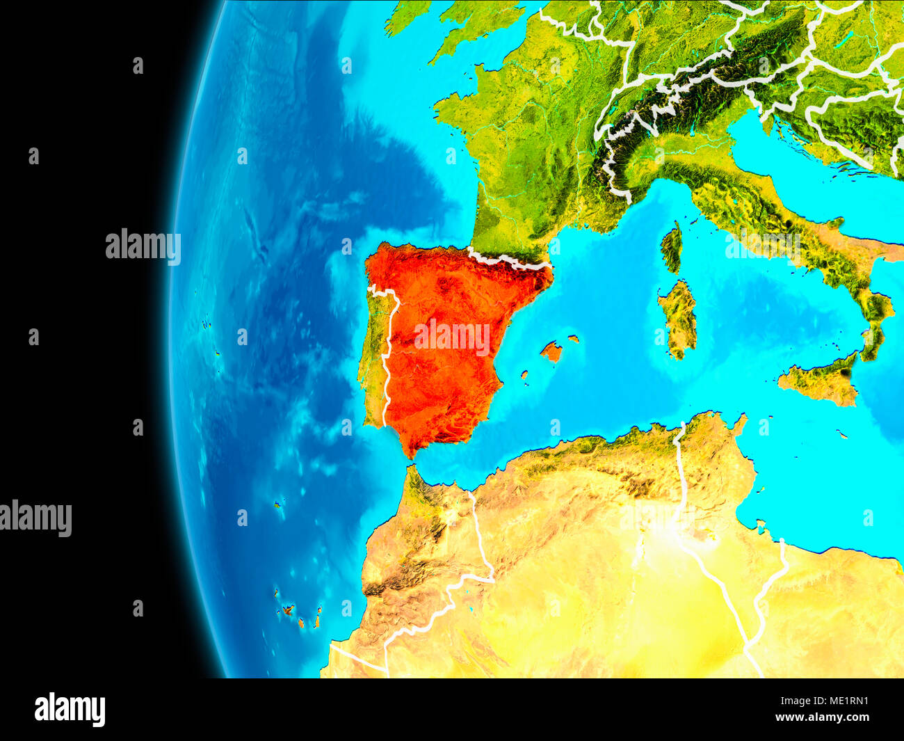 Spain as seen from Earth’s orbit on planet Earth highlighted in red ...