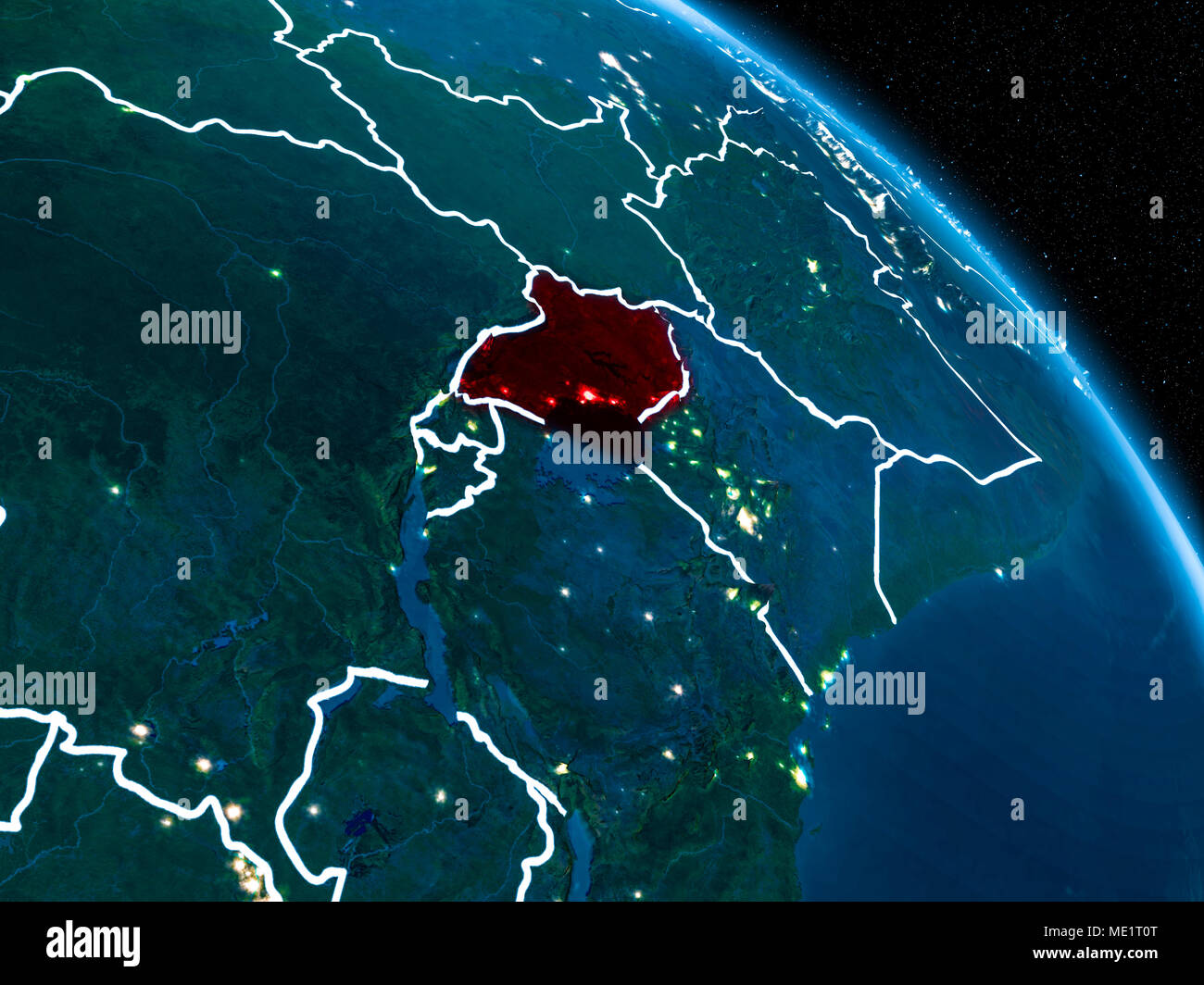 Satellite view of Uganda highlighted in red on planet Earth at night ...