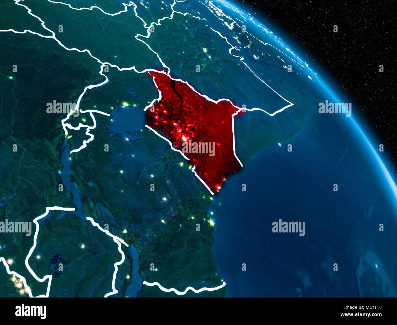 Satellite view of Kenya highlighted in red on planet Earth at night ...