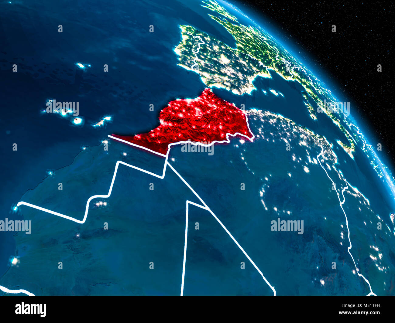 Satellite view of Morocco highlighted in red on planet Earth at night ...