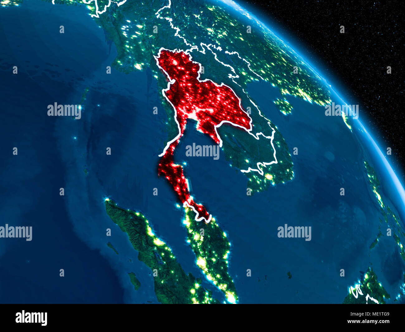 Satellite view of Thailand highlighted in red on planet Earth at night ...