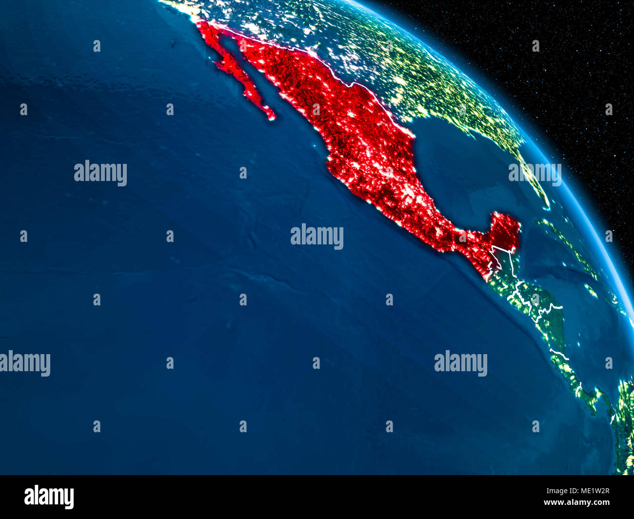 Satellite view of Mexico highlighted in red on planet Earth at night ...