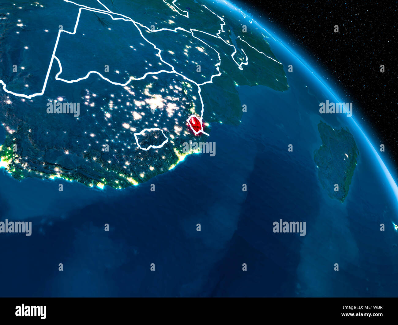 Satellite view of Swaziland highlighted in red on planet Earth at night with borderlines and ...