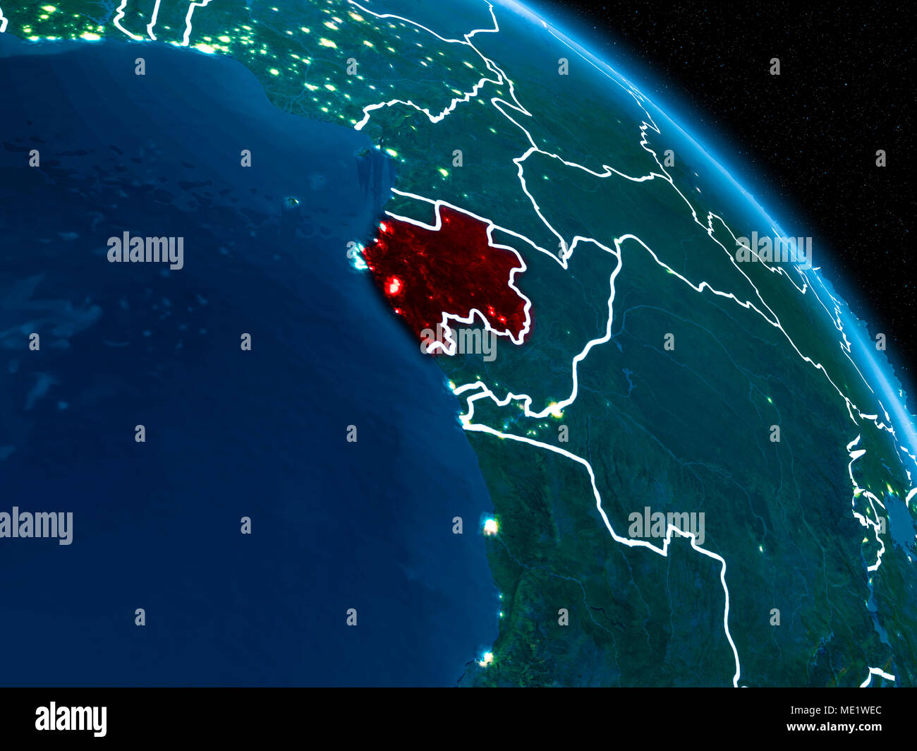 Satellite view of Gabon highlighted in red on planet Earth at night ...