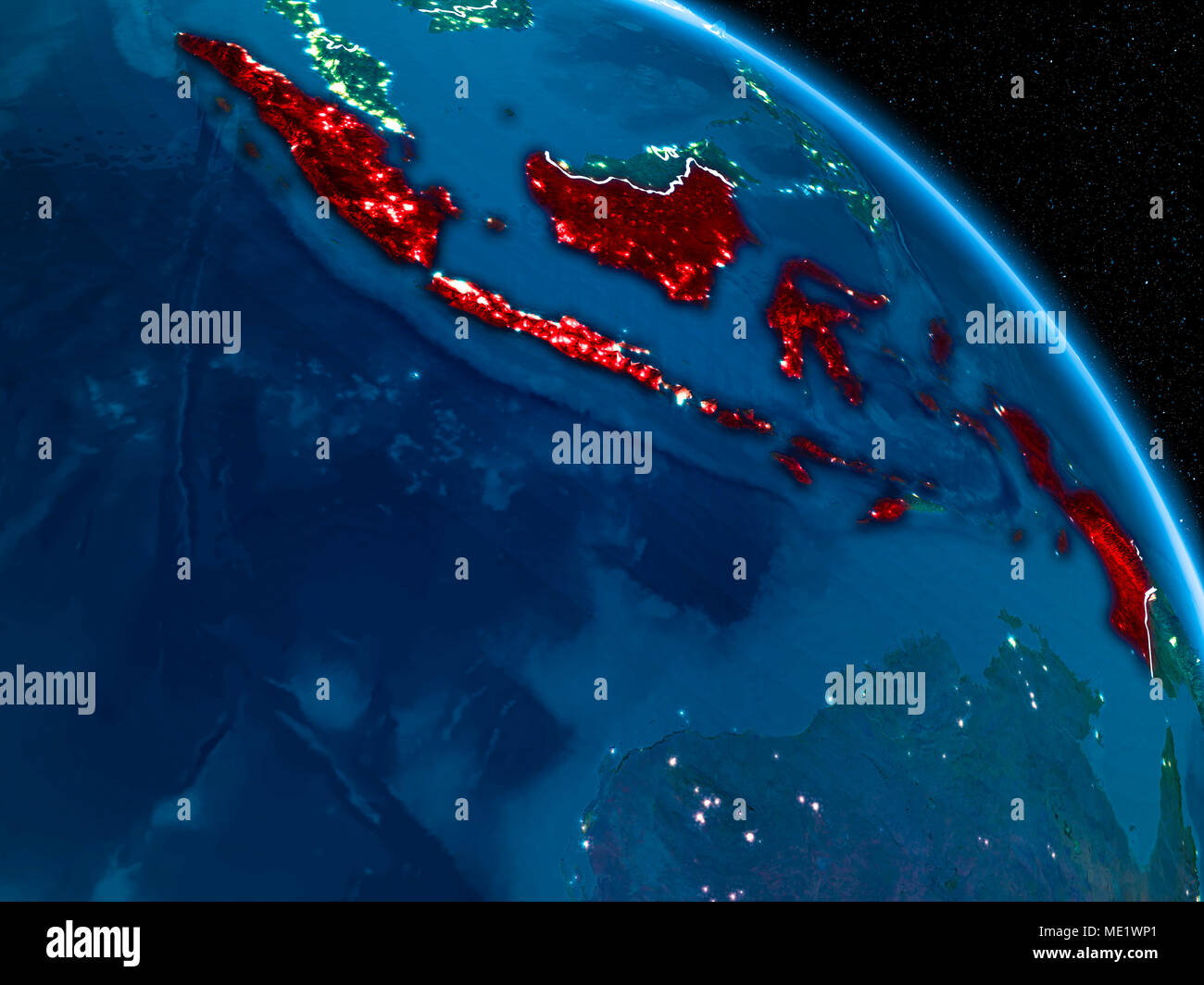 Satellite view of Indonesia highlighted in red on planet Earth at night ...