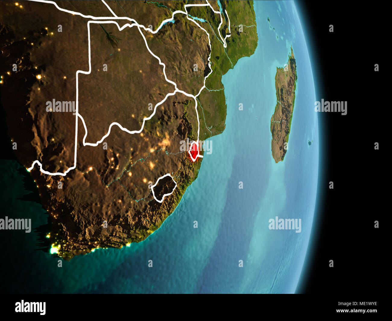Satellite morning view of Swaziland highlighted in red on planet Earth with visible border lines ...