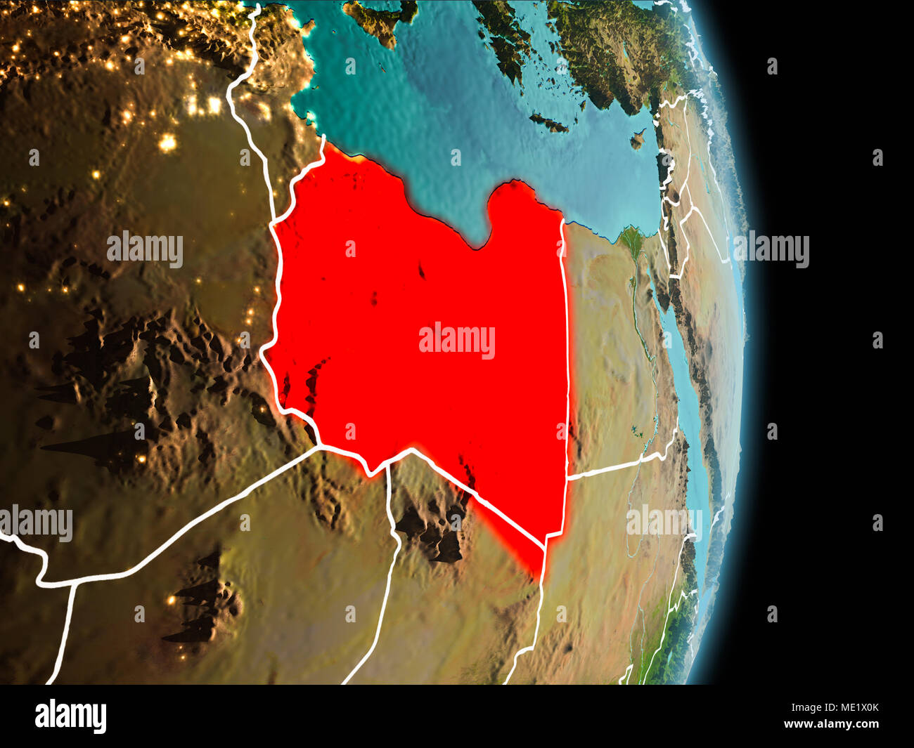 Satellite morning view of Libya highlighted in red on planet Earth with ...