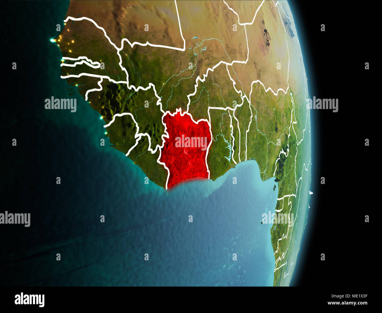 Satellite morning view of Ivory Coast highlighted in red on planet ...