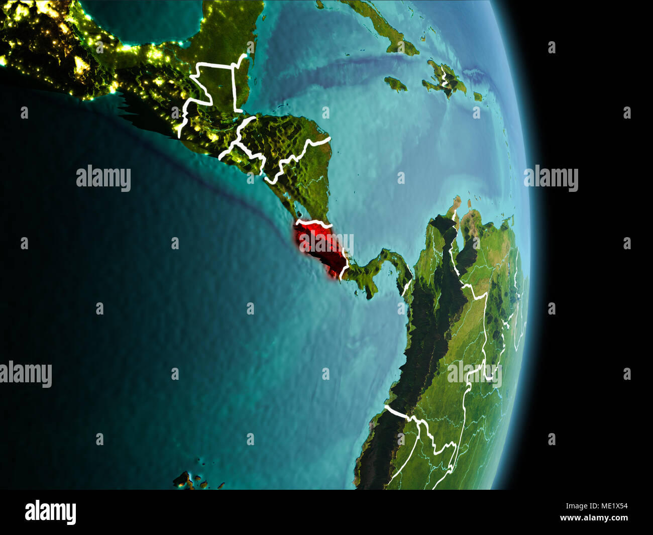 Satellite morning view of Costa Rica highlighted in red on planet Earth ...