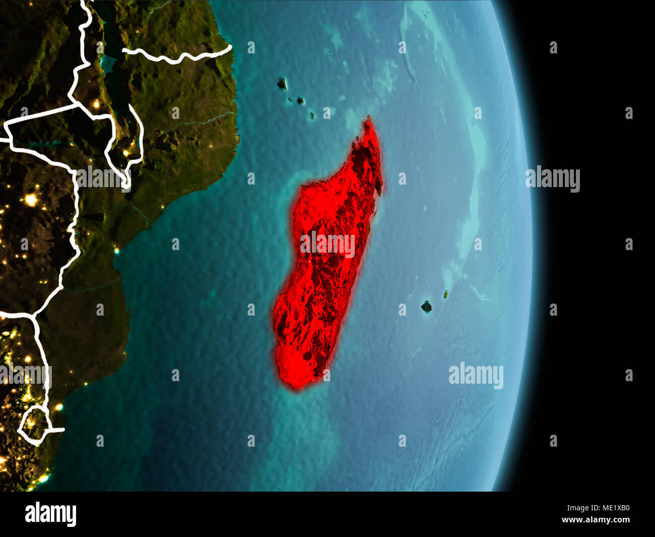 Satellite morning view of Madagascar highlighted in red on planet Earth with visible border ...