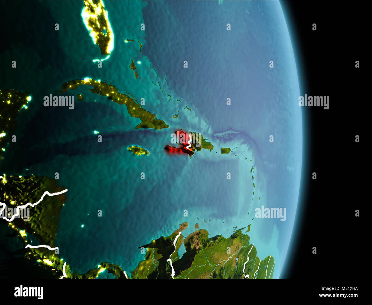 Satellite morning view of Haiti highlighted in red on planet Earth with ...