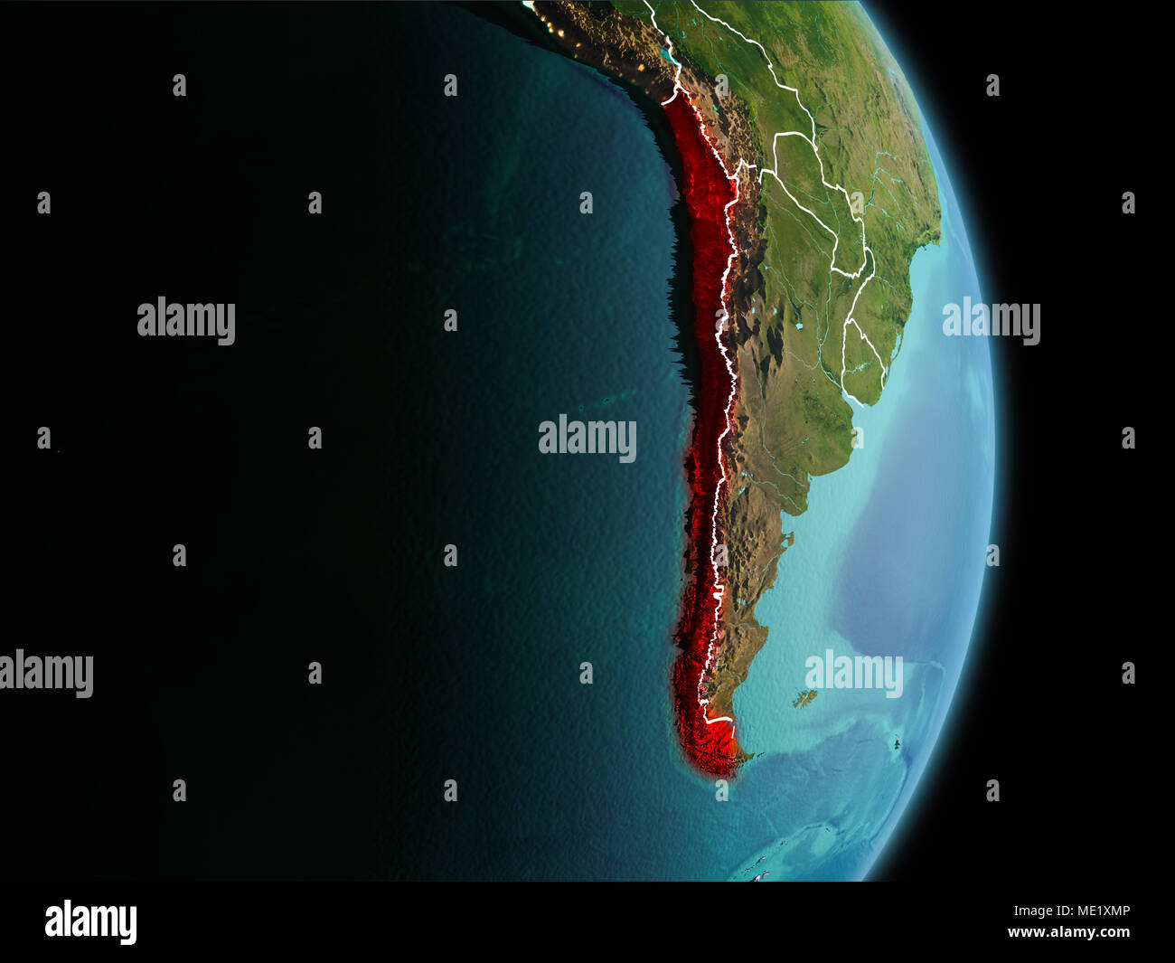 Satellite morning view of Chile highlighted in red on planet Earth with visible border lines and ...