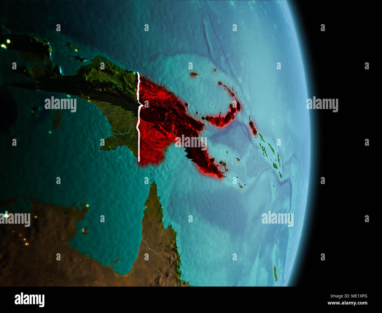Satellite morning view of Papua New Guinea highlighted in red on planet Earth with visible ...