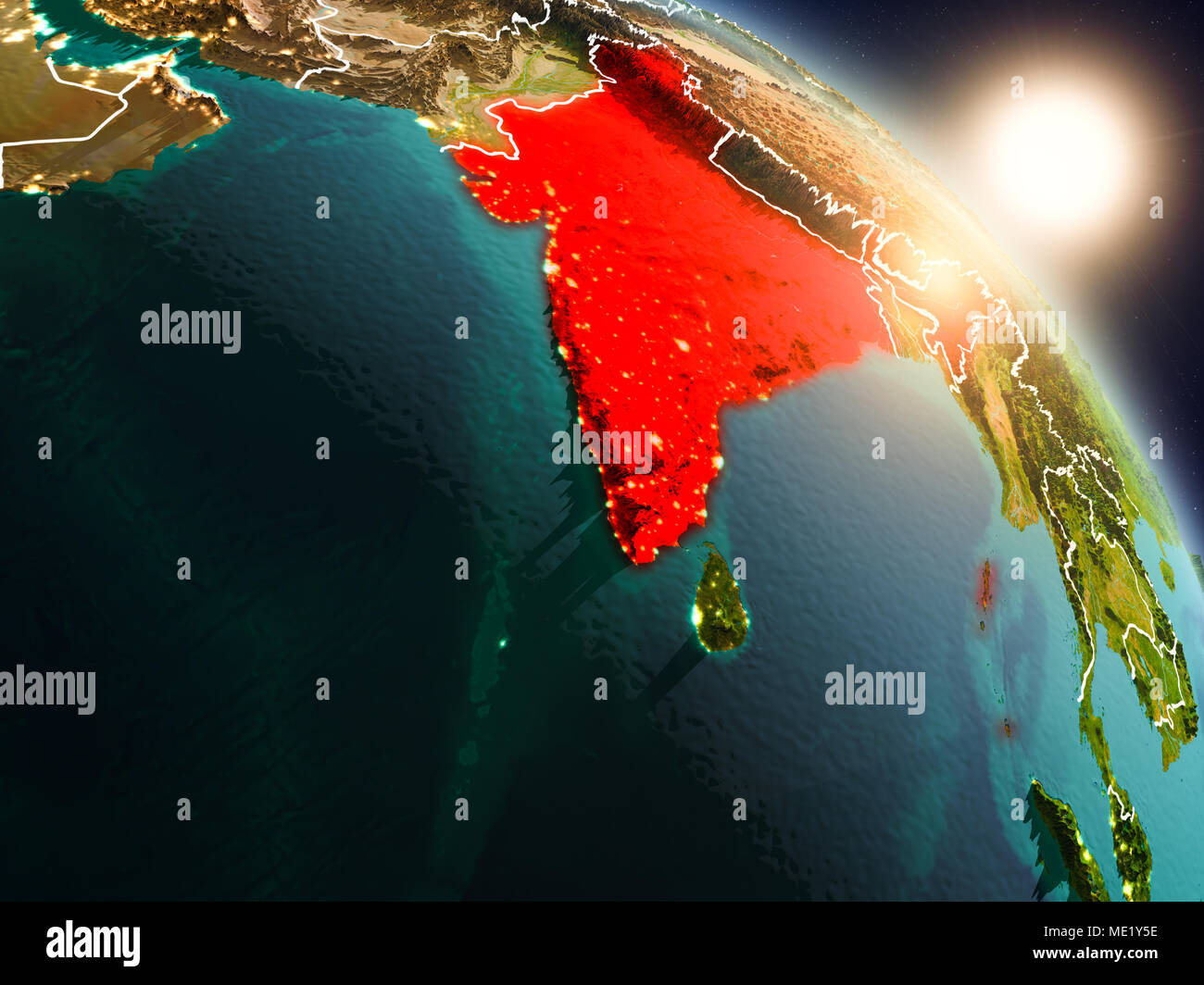 Sunset above India from space on planet Earth with visible country ...