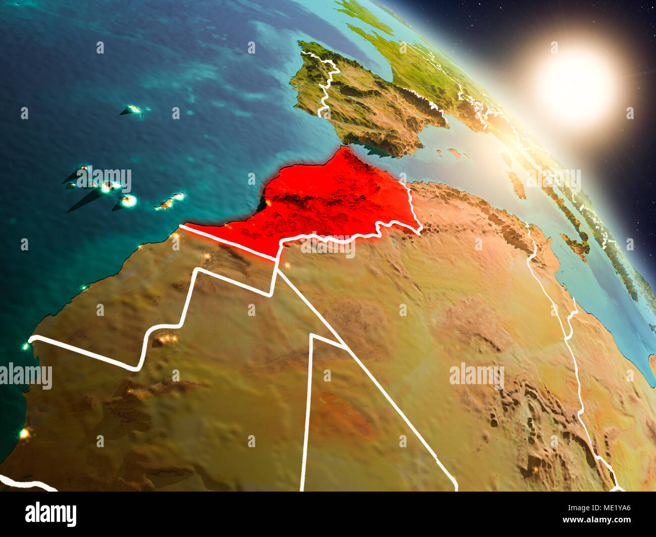 Sunset above Morocco from space on planet Earth with visible country ...