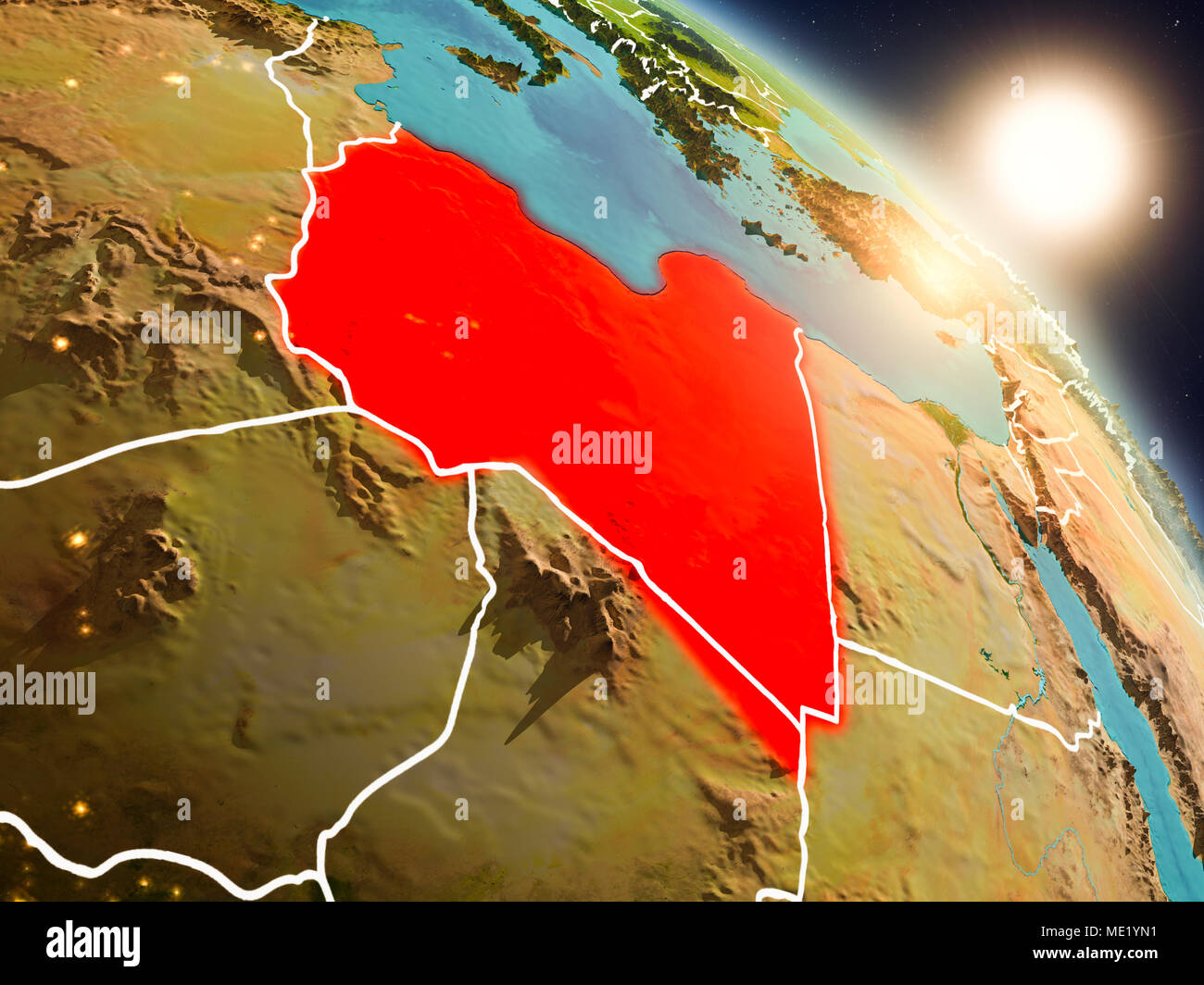 Sunset above Libya from space on planet Earth with visible country ...