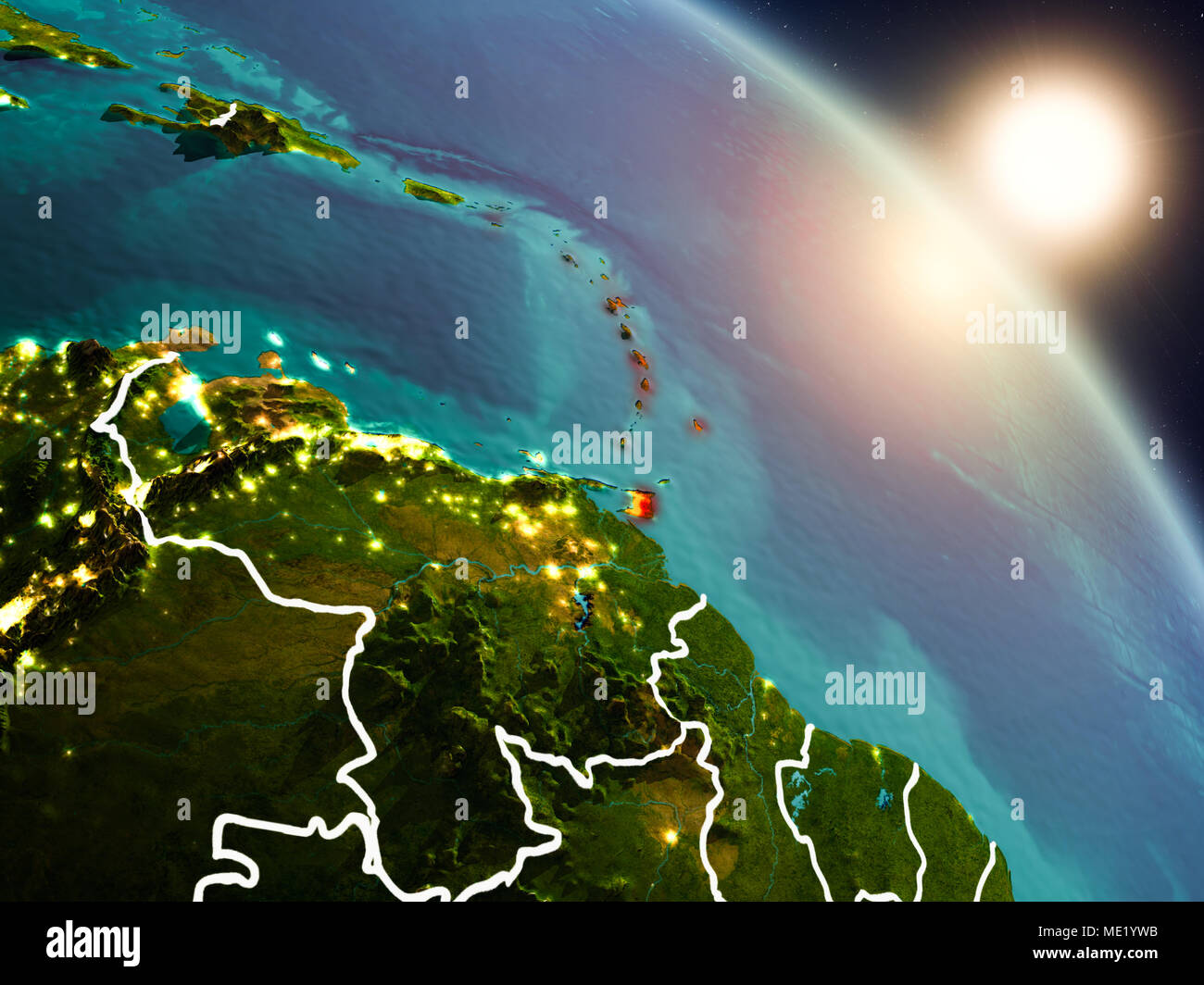 Sunset above Caribbean from space on planet Earth with visible country ...