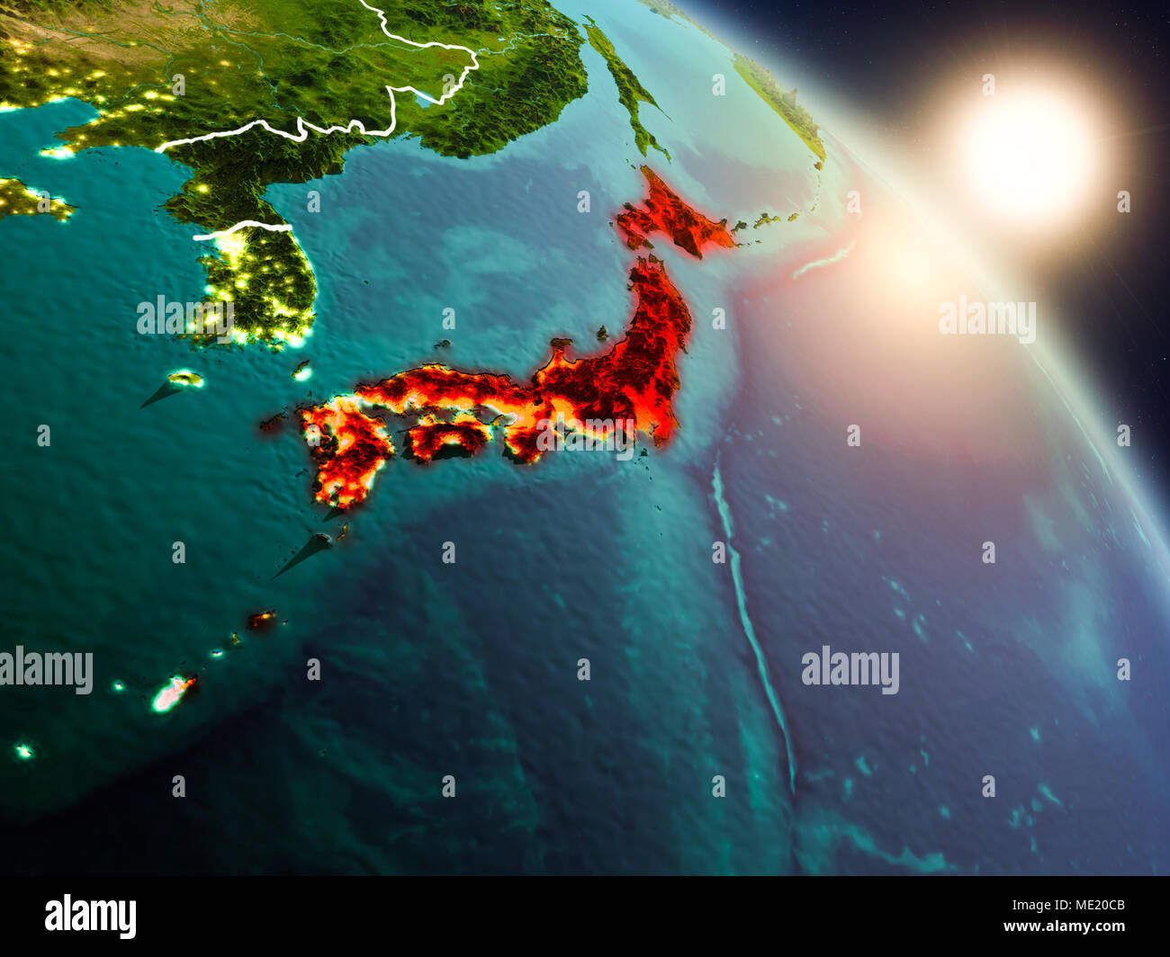 Sunset above Japan from space on planet Earth with visible country ...